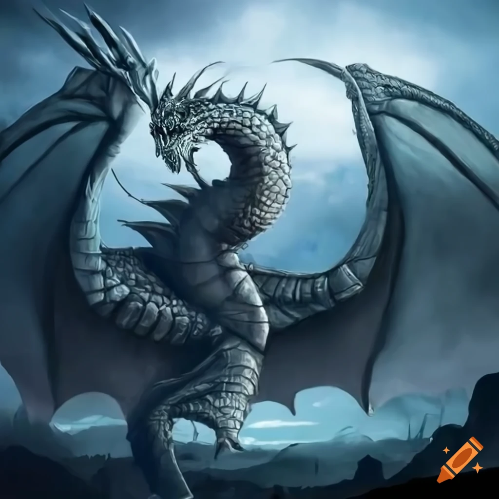 Bluish-grey dragon with human-like arms wielding a silver sword against ...