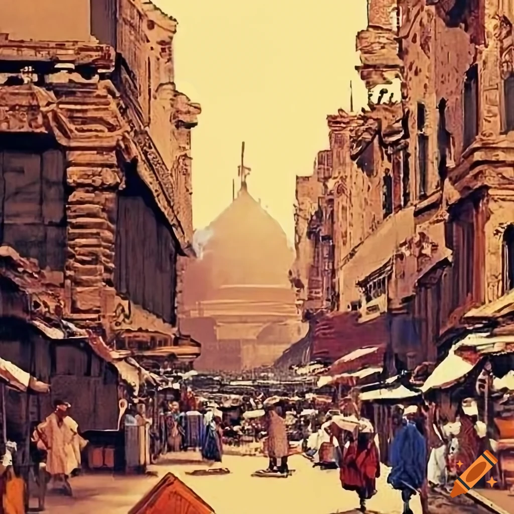 Vintage postcard style pixel art of a crowded street in Cairo, Egypt during the English mandate ...