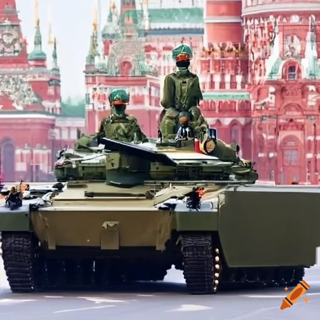 Grand military parade on red square with soldiers and military vehicles ...