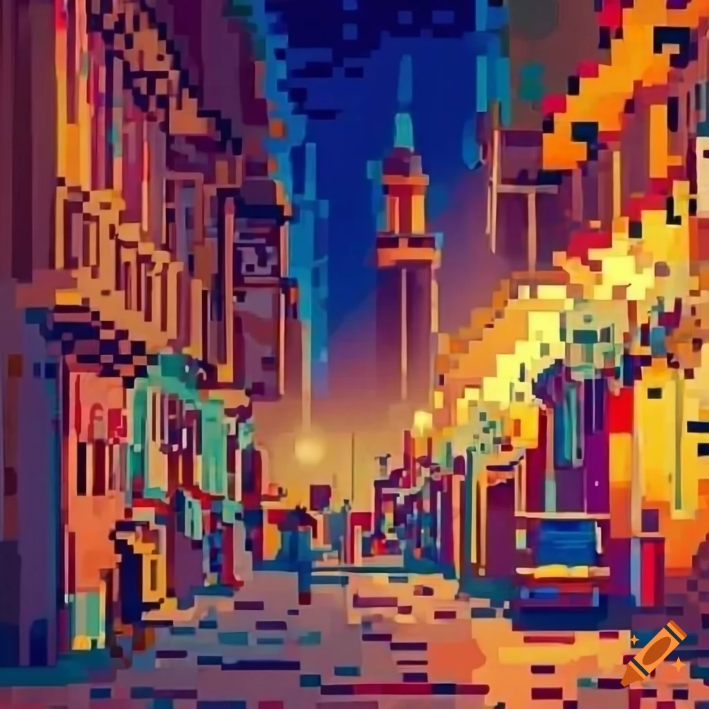 Pixel art of a crowded Cairo street at night in a vintage postcard style on Craiyon