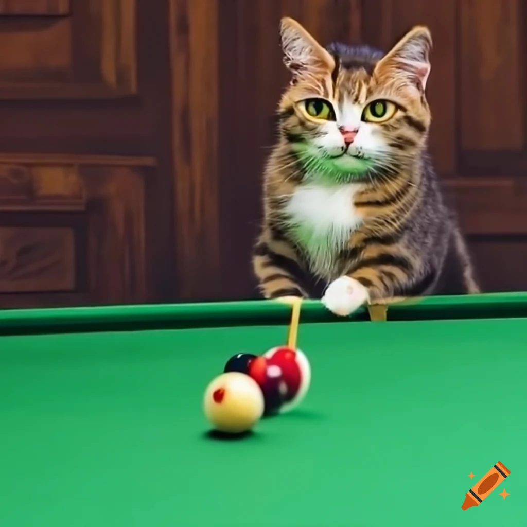 Confident cat playing billiards on miniature table on Craiyon
