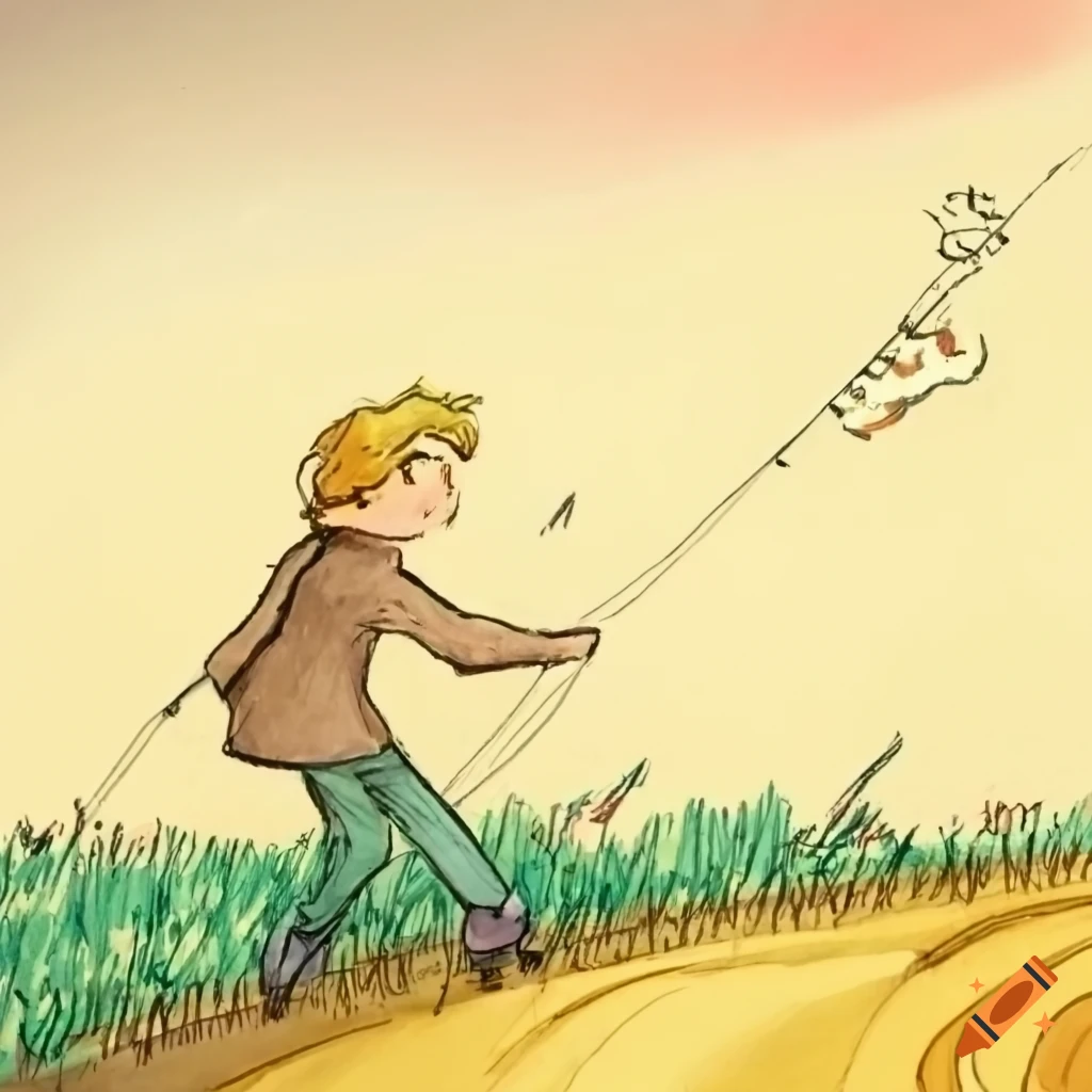 Quentin blake style road with flags on both sides, reminiscent of roald ...