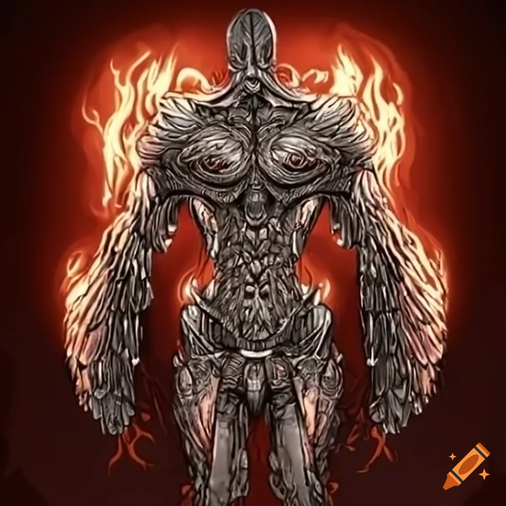Muscular silver metallic robot resembling an angel with metal wings and ...