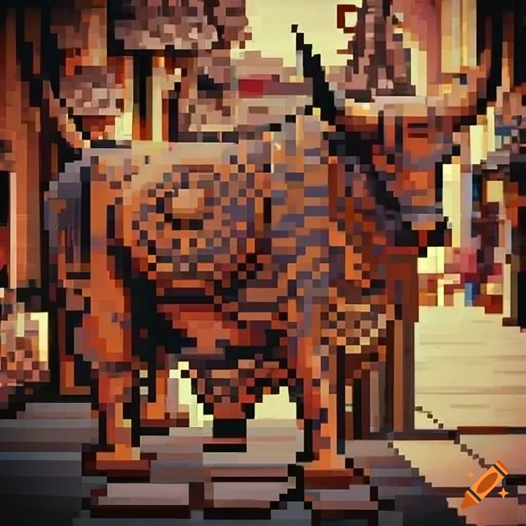Bali primitive art bull carvings in pixel art style on Craiyon