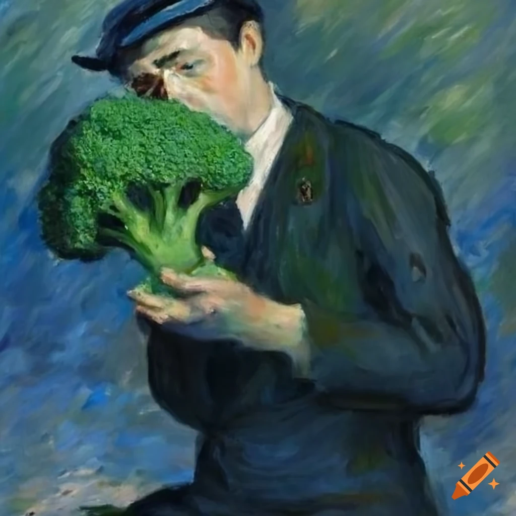 Monet style painting of a man eating broccoli on Craiyon