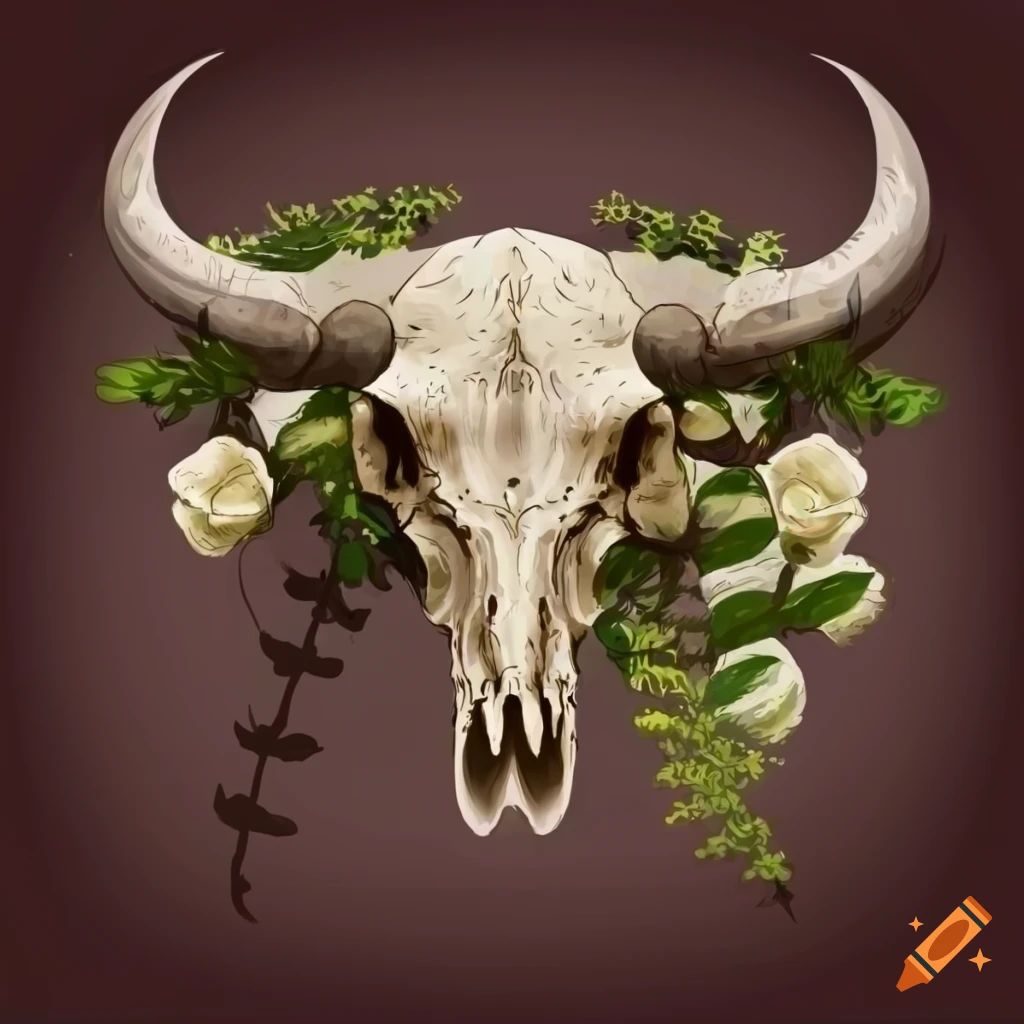 Water buffalo skull with acacia sprigs and white roses on Craiyon