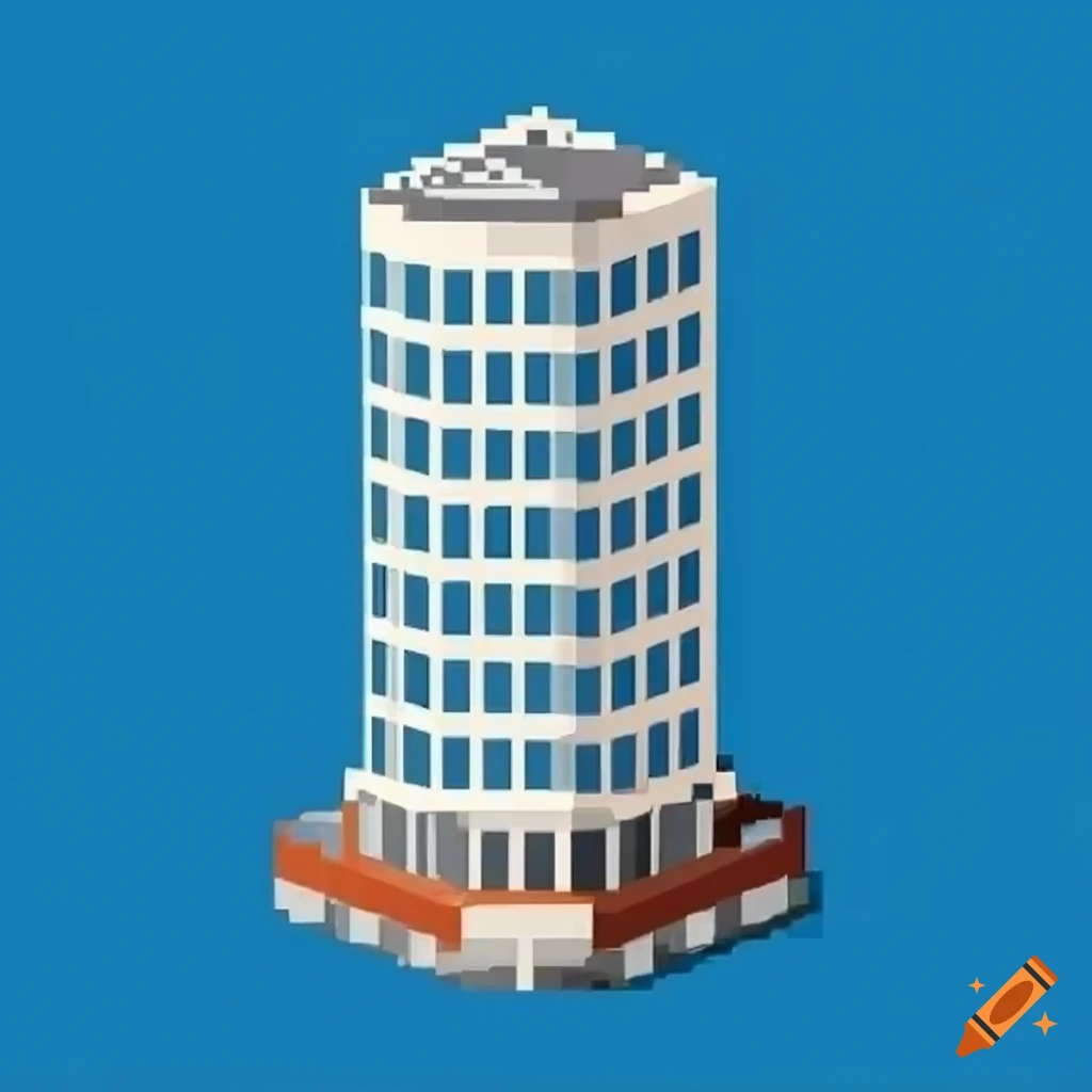 High rise office building in simple 8 bit style from an upward angle on ...