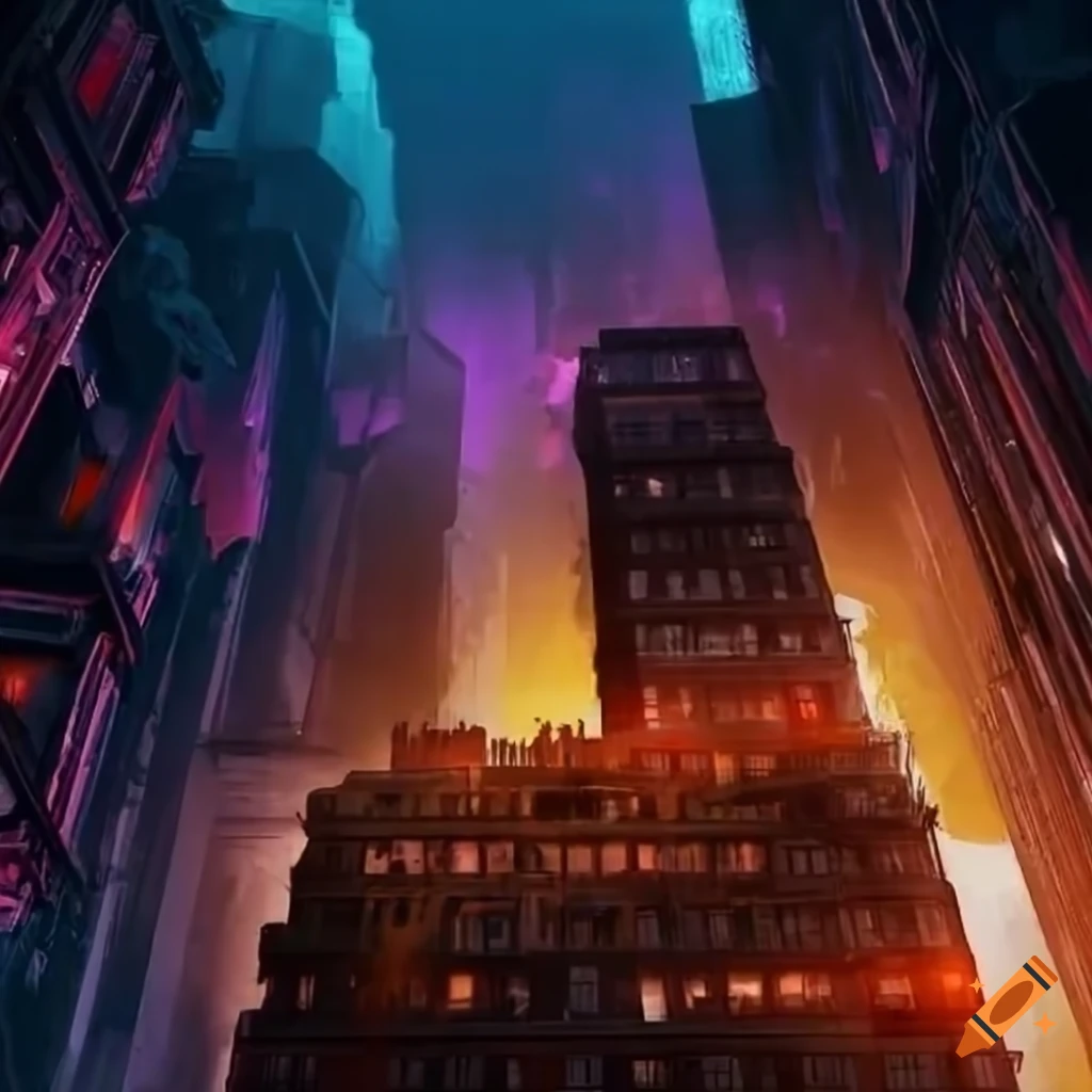 Futuristic steam punk apartment building in a neon-lit cyber punk city ...
