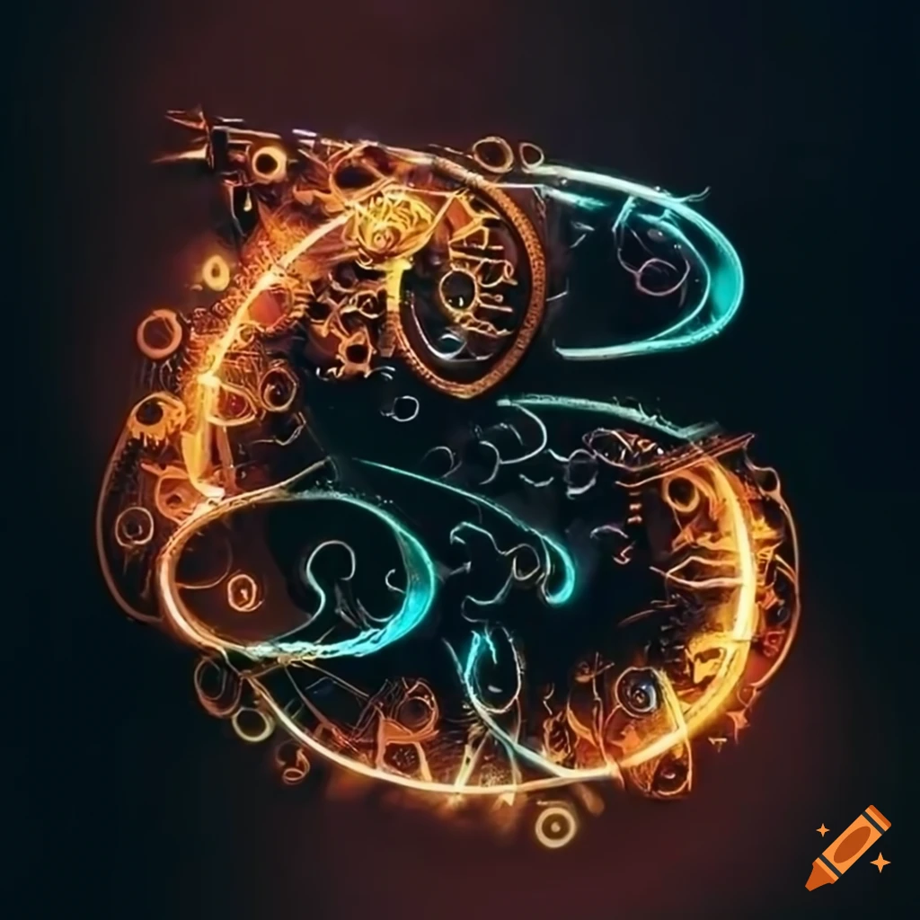 Stunning calligraphy art of mechanical letters 'M' and 'G' with glowing ...