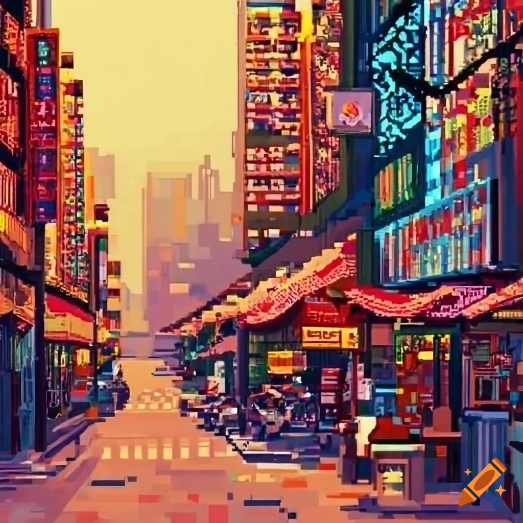 Shenzhen China pixel art with vintage postcard aesthetic on Craiyon