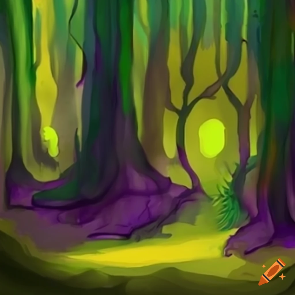 Mysterious fantasy woods with violet, green, and yellow tones in a ...