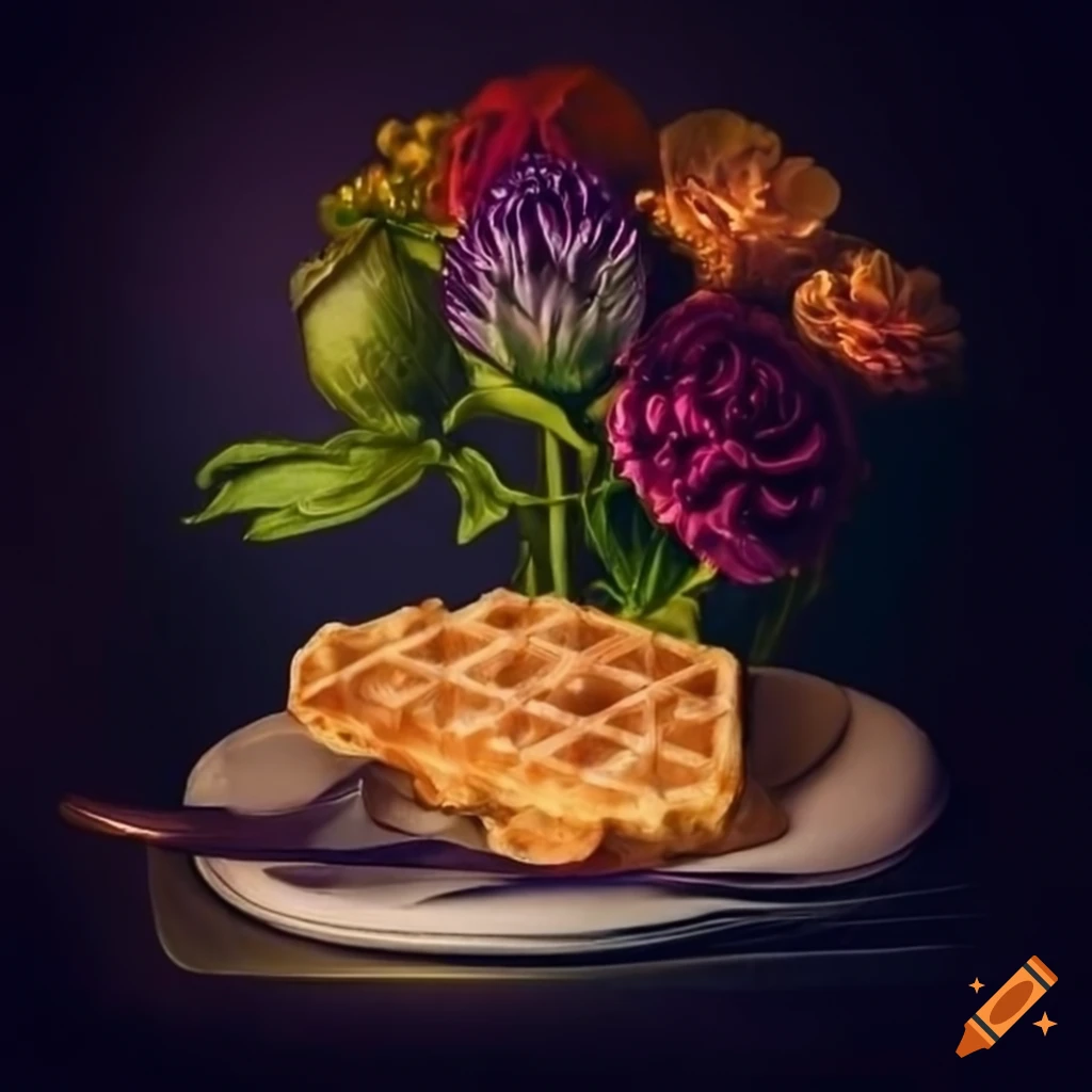 Vibrant still life of a waffle decorated with flowers on Craiyon