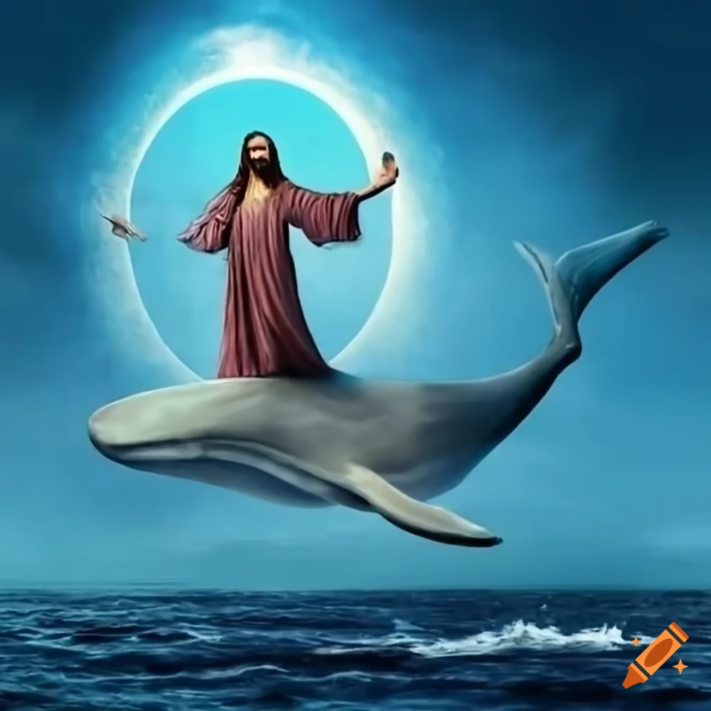 Jesus riding a whale in realistic HD quality on Craiyon