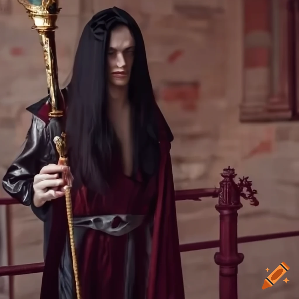 Young handsome vampire with long black hair and red eyes in silver ...