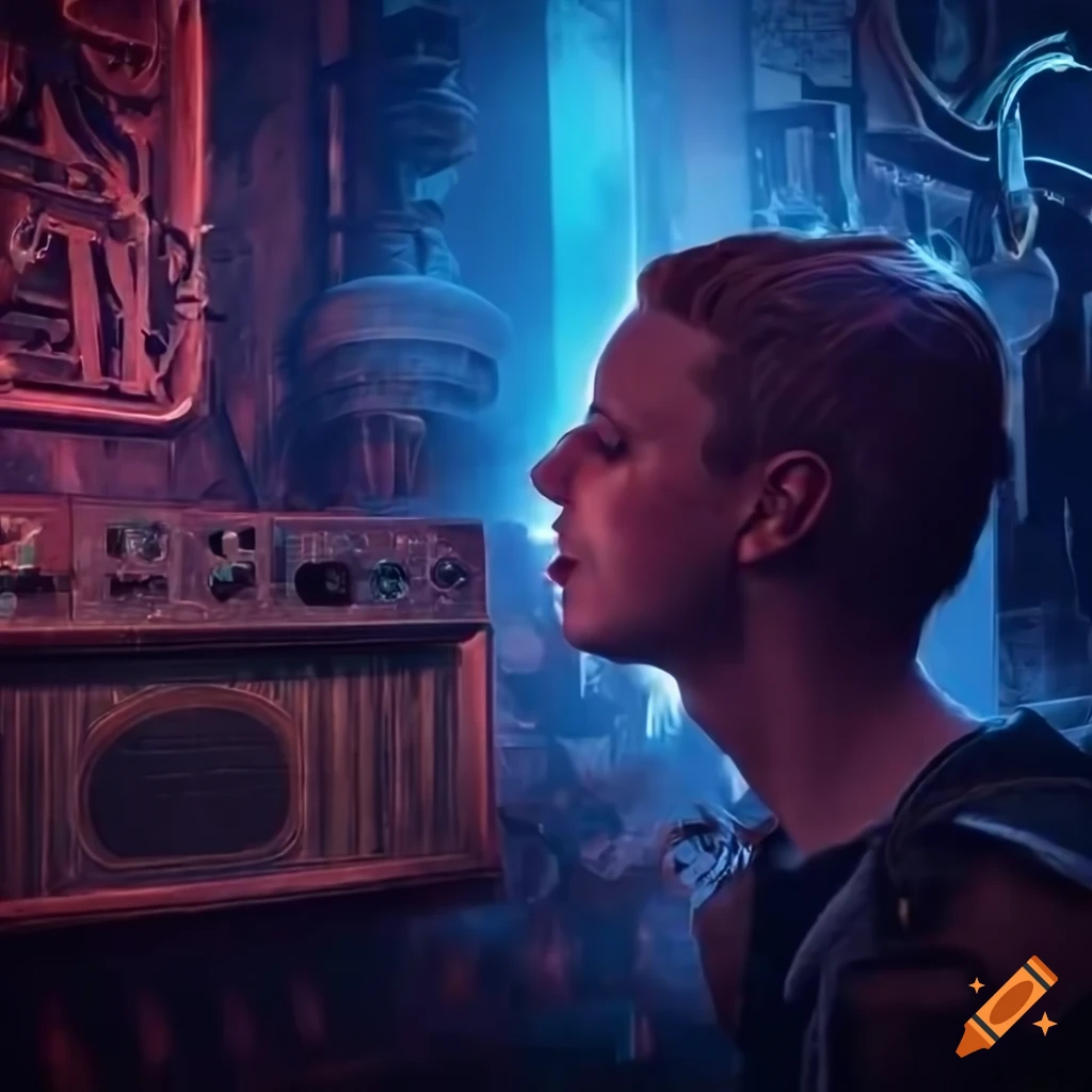 Young man crying for joy in front of a steampunk radio in a cyberpunk ...