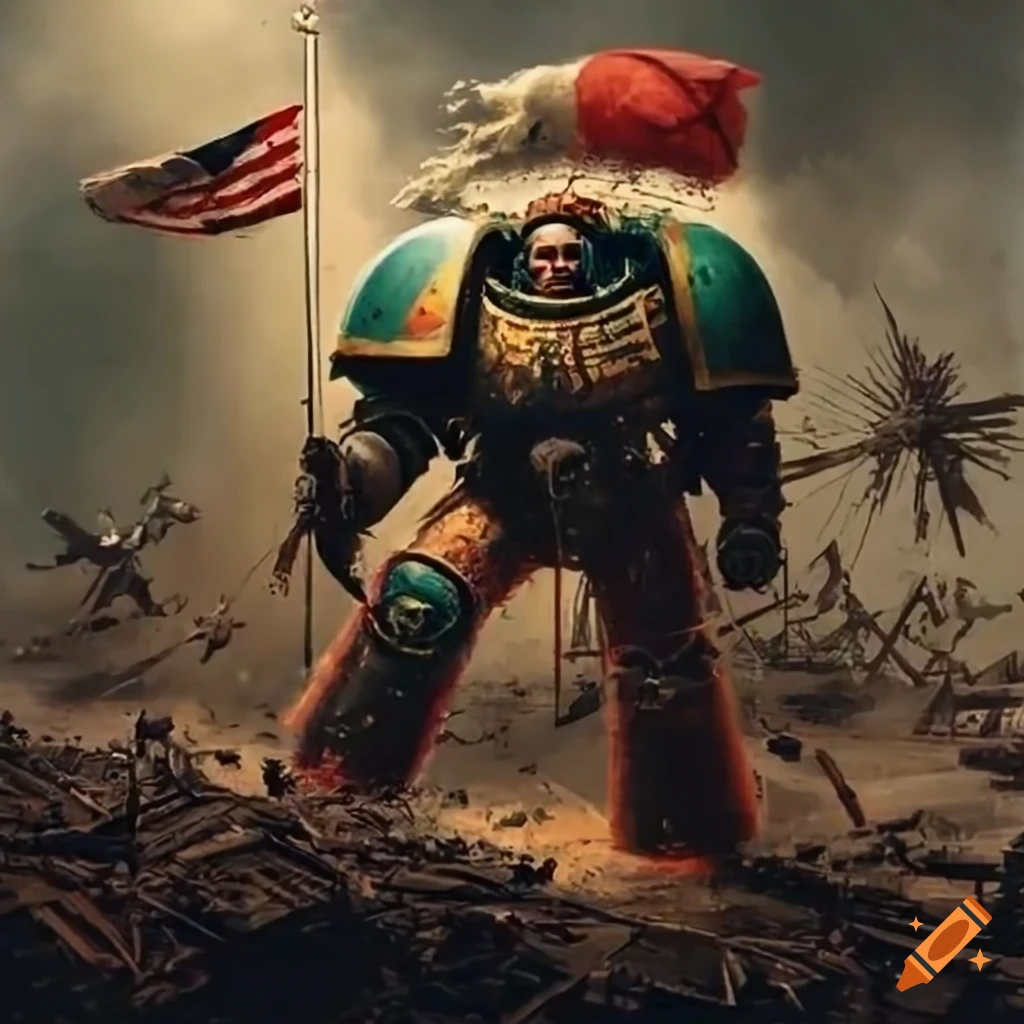 Post-apocalyptic space marine holding a flag in a war-torn battleground ...