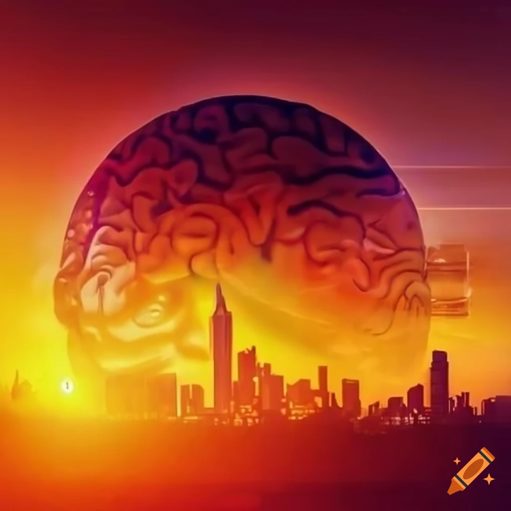 Abstract Frankfurt skyline with sunset as a brain on Craiyon