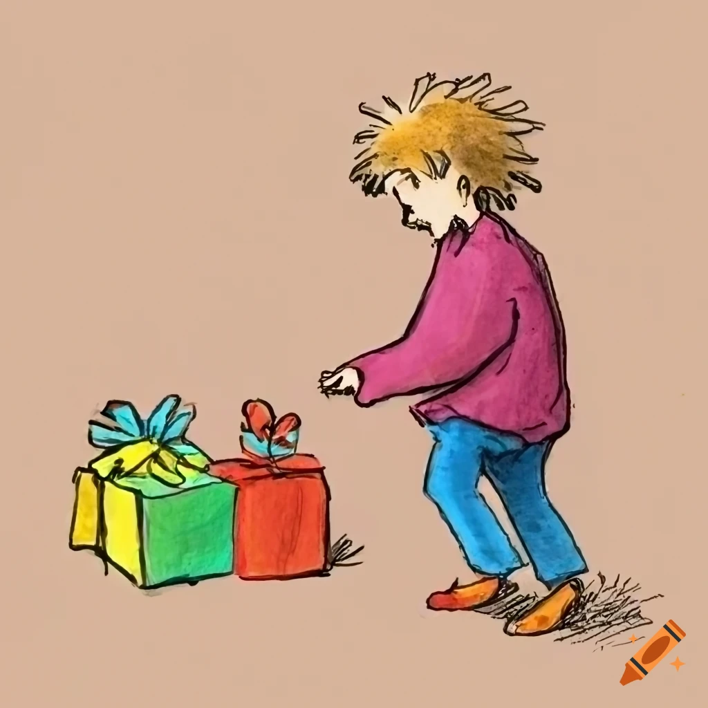 Child picking out presents in a Quentin Blake style illustration on Craiyon