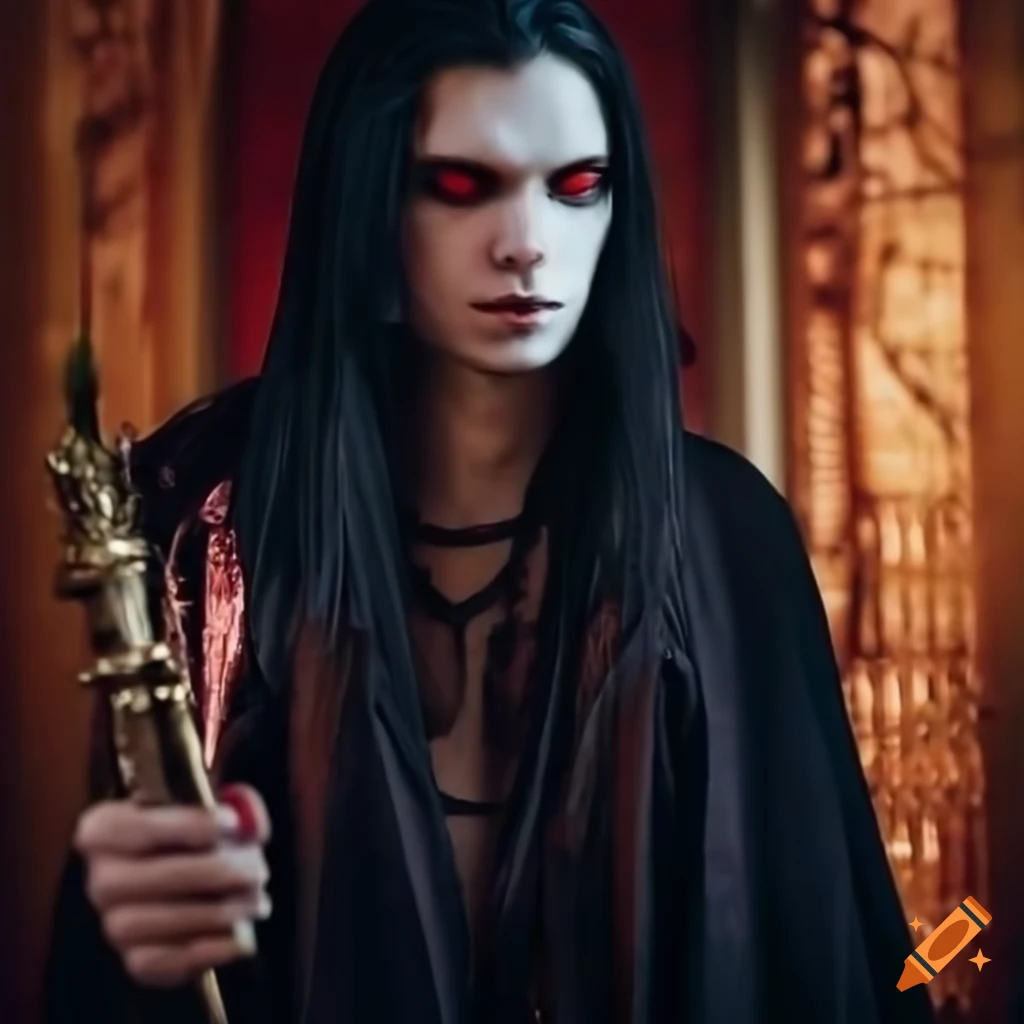 Young vampire with long black hair and red eyes on balcony in silver ...