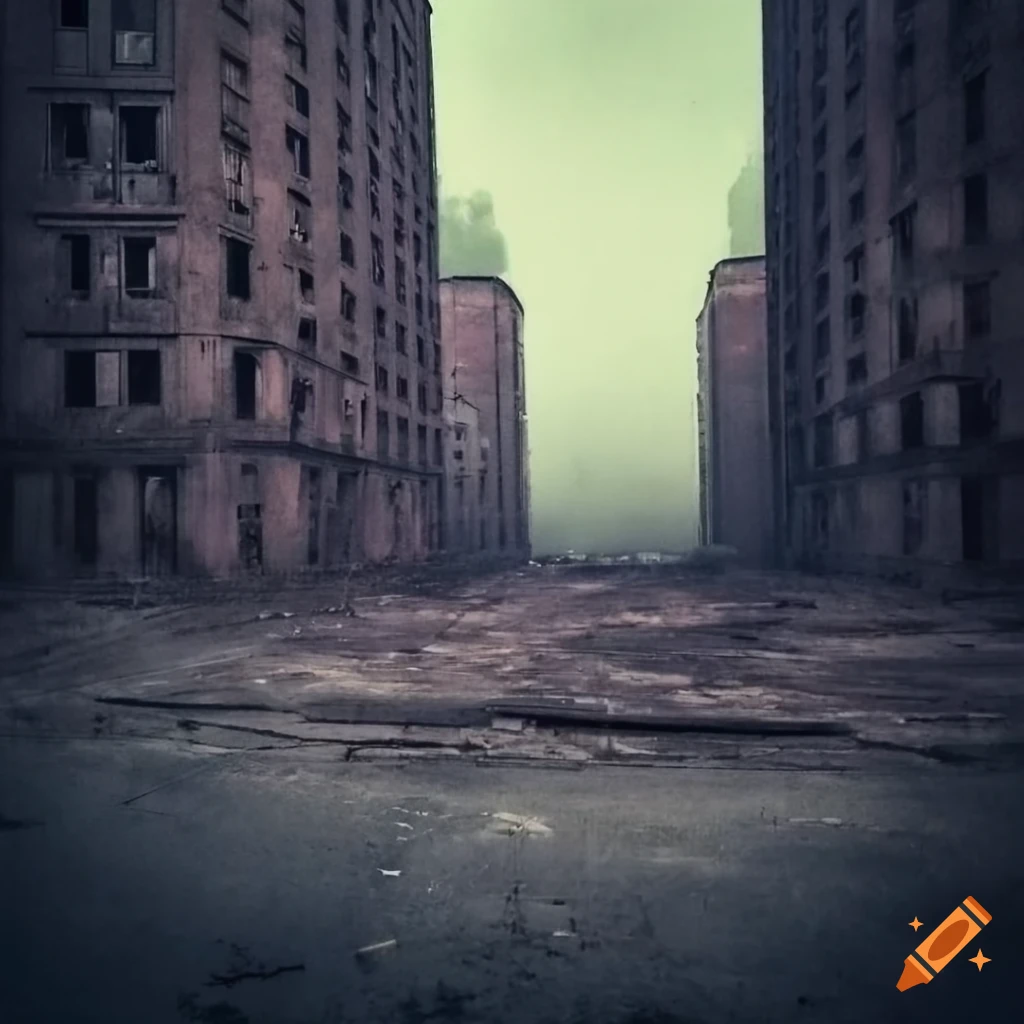 Dreamy polaroid of abandoned cityscape with old structures on Craiyon