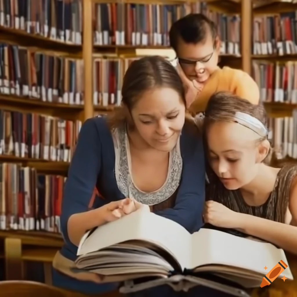 Library scene with people reading books and using technology on Craiyon