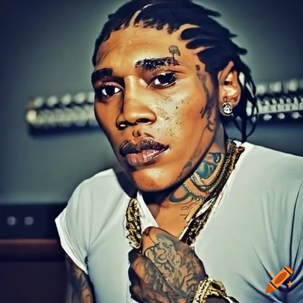 Jamaican music artist Vybz Kartel in a recording studio session on Craiyon