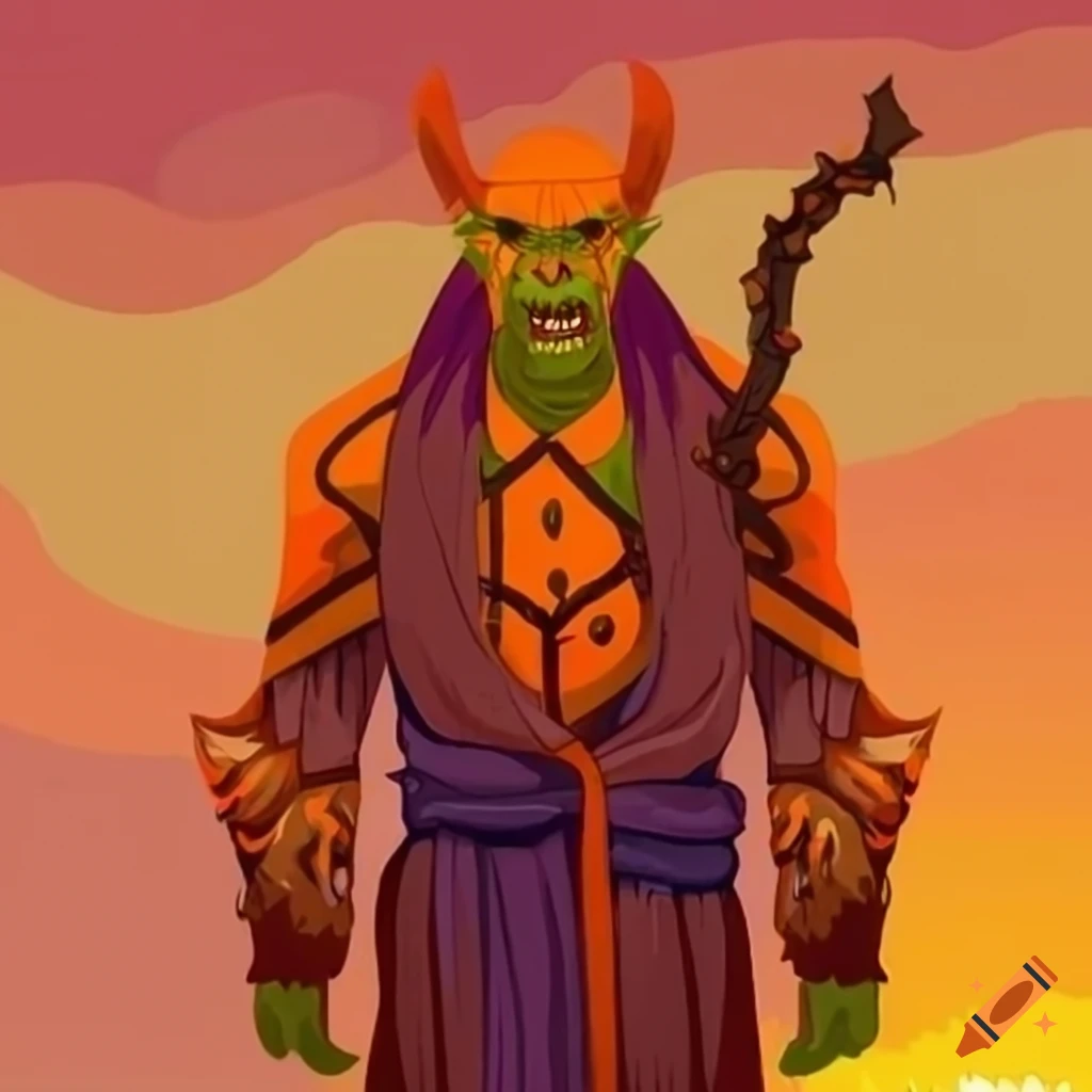 Orange orc wizard casting spells in a mystical forest school on Craiyon