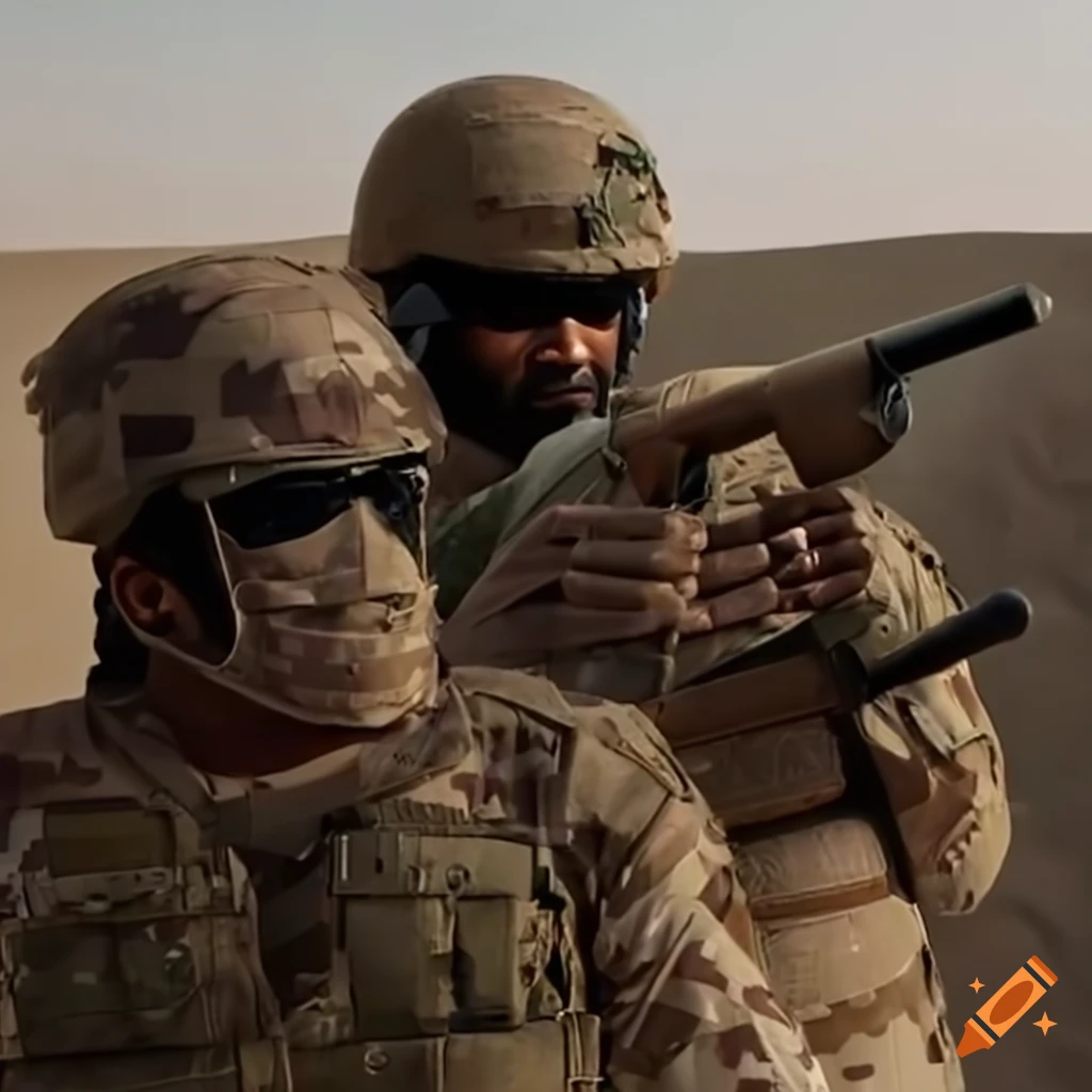 Saudi soldiers equipped with ammunition in action on Craiyon