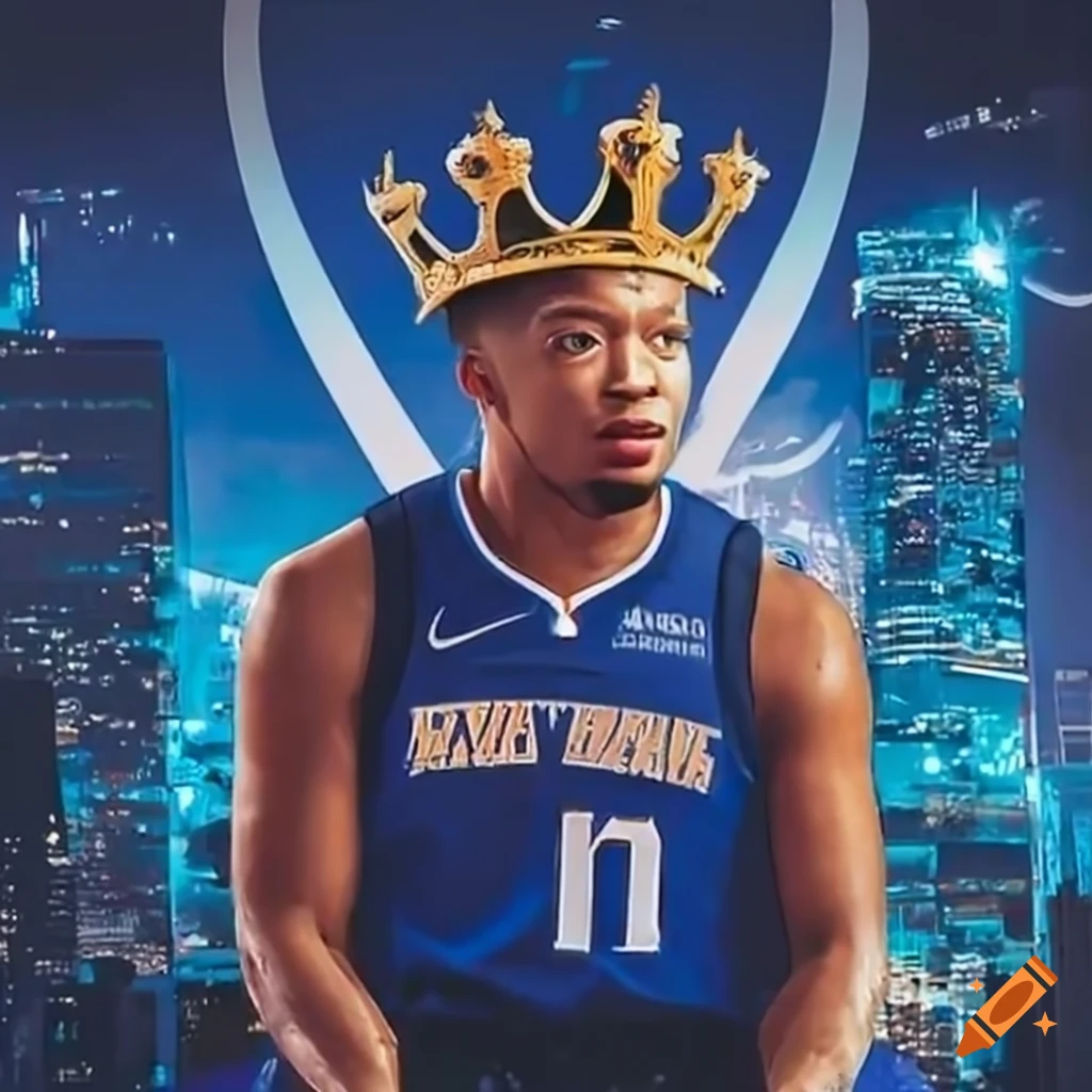 Jalen brunson in new york knicks uniform with crown, seated on nba logo ...