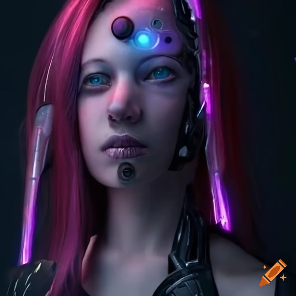 Female cyberpunk cyborg goddess in a high-tech and genetic manipulation realm on Craiyon
