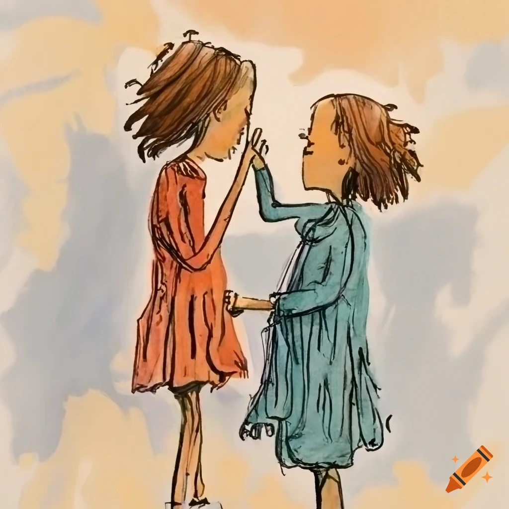 Two girls whispering in Quentin Blake style illustration on Craiyon