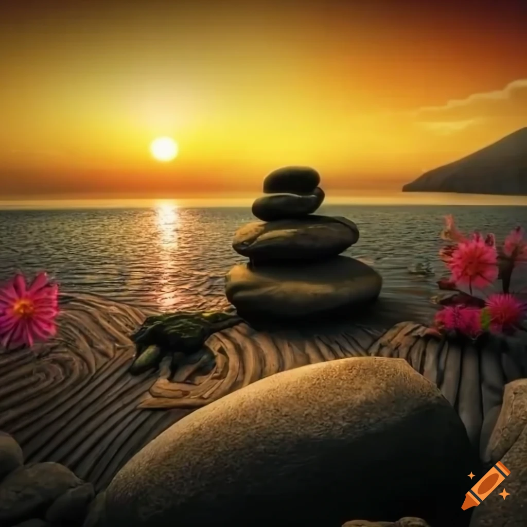 Japanese zen garden with rocks, flowers, and sunset in 8k hdr film grain photorealism on Craiyon