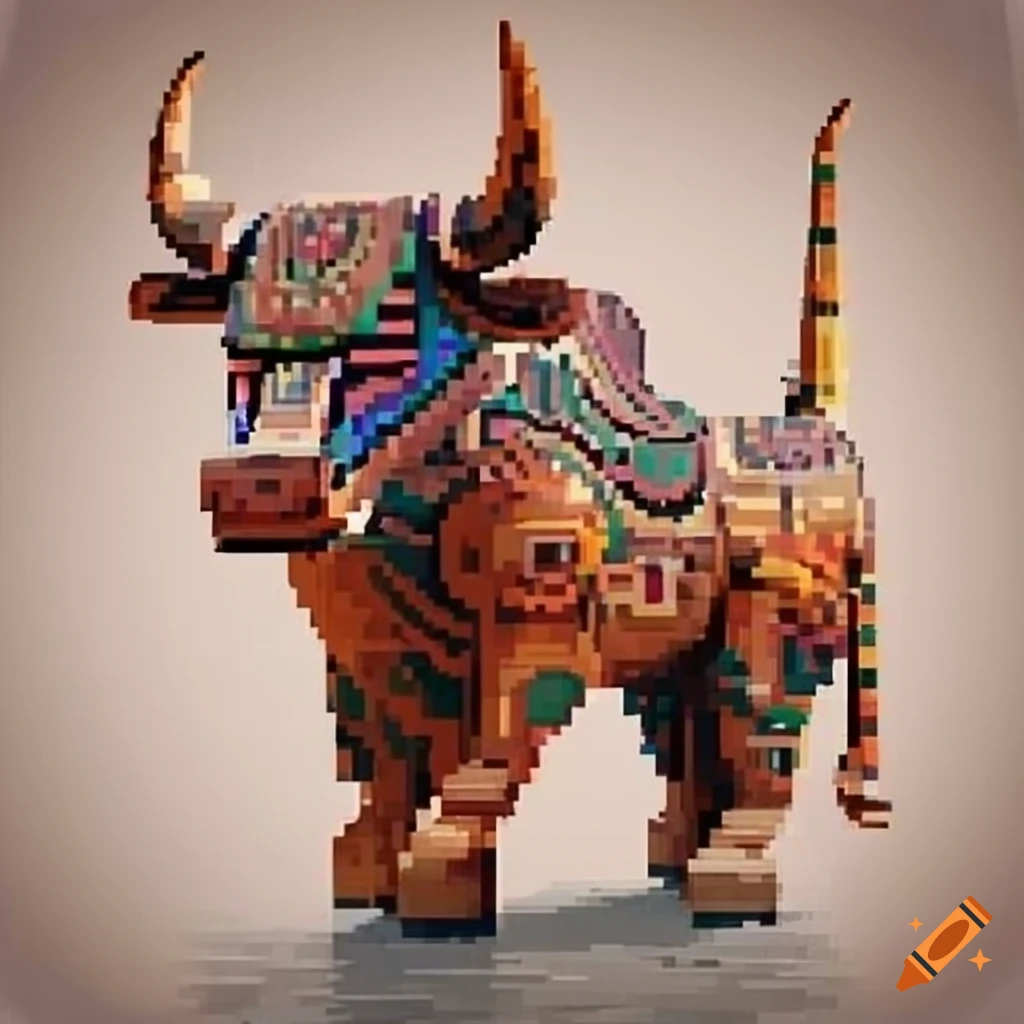 Bali primitive art colorful full body bull carvings in pixelated style ...