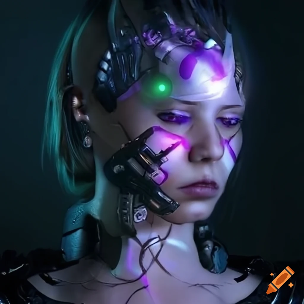 Female cyberpunk cyborg goddess in a high-tech and genetic manipulation ...