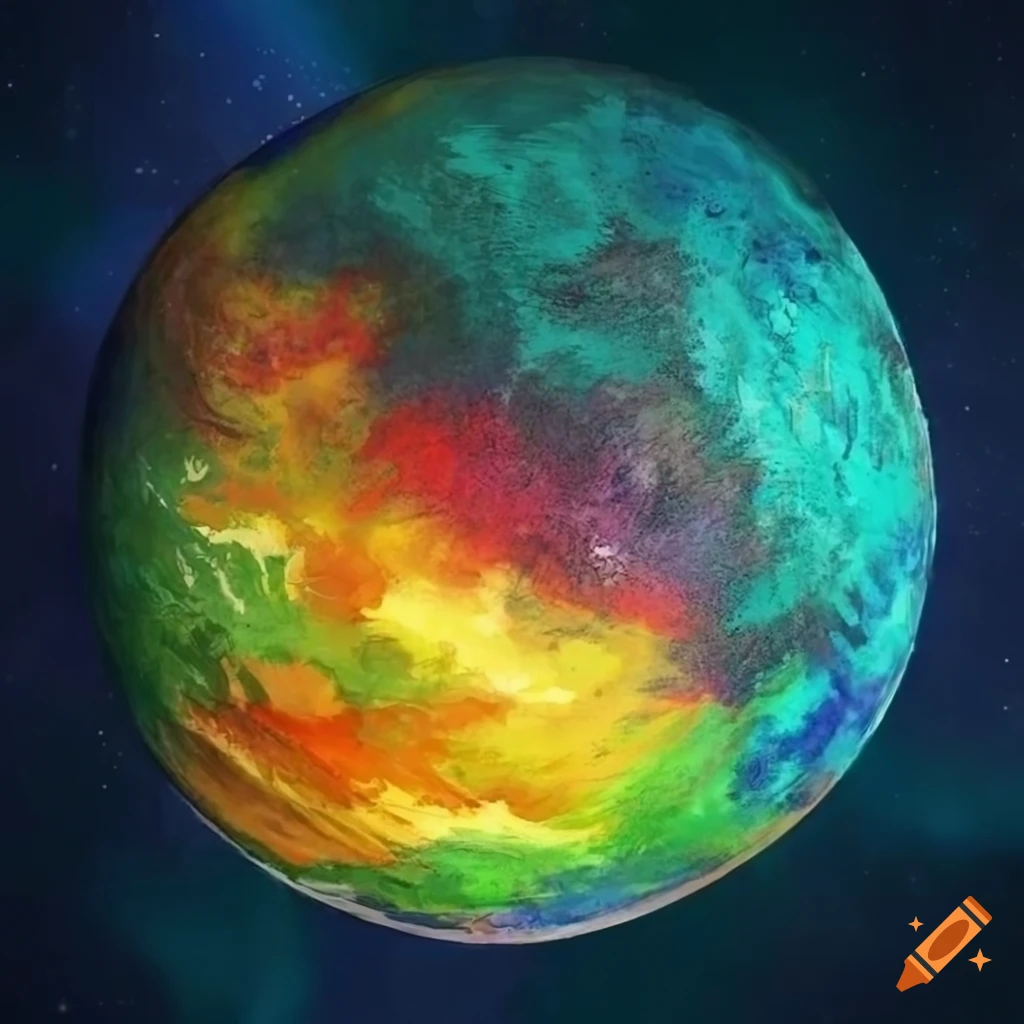 Colourful jungle planet with red, green, yellow, and blue trees viewed from space on Craiyon