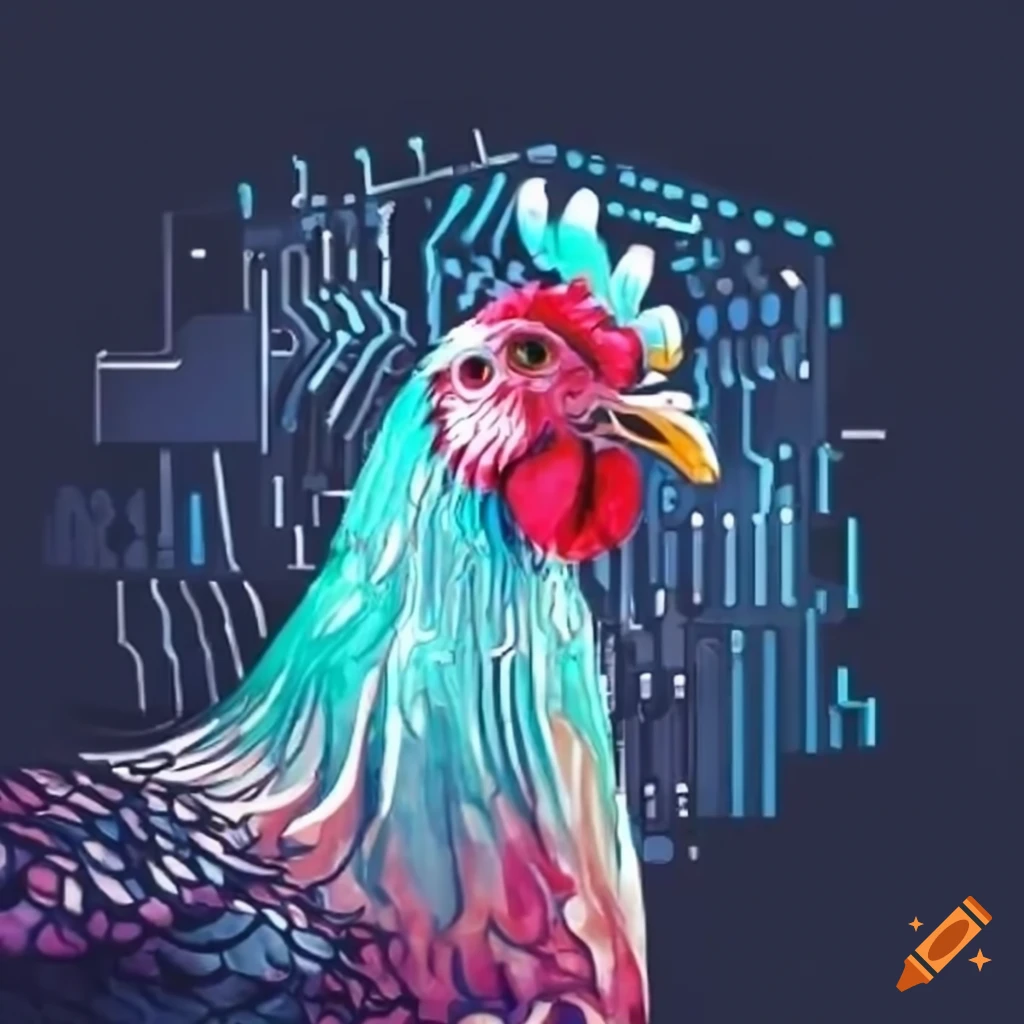 Futuristic monochrome chicken with circuit details on Craiyon