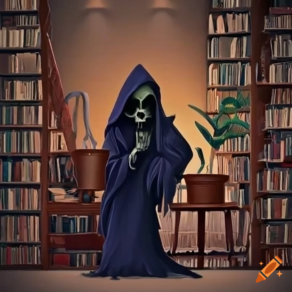 Grim reaper tending to potted plants in a library with a spooky and ...