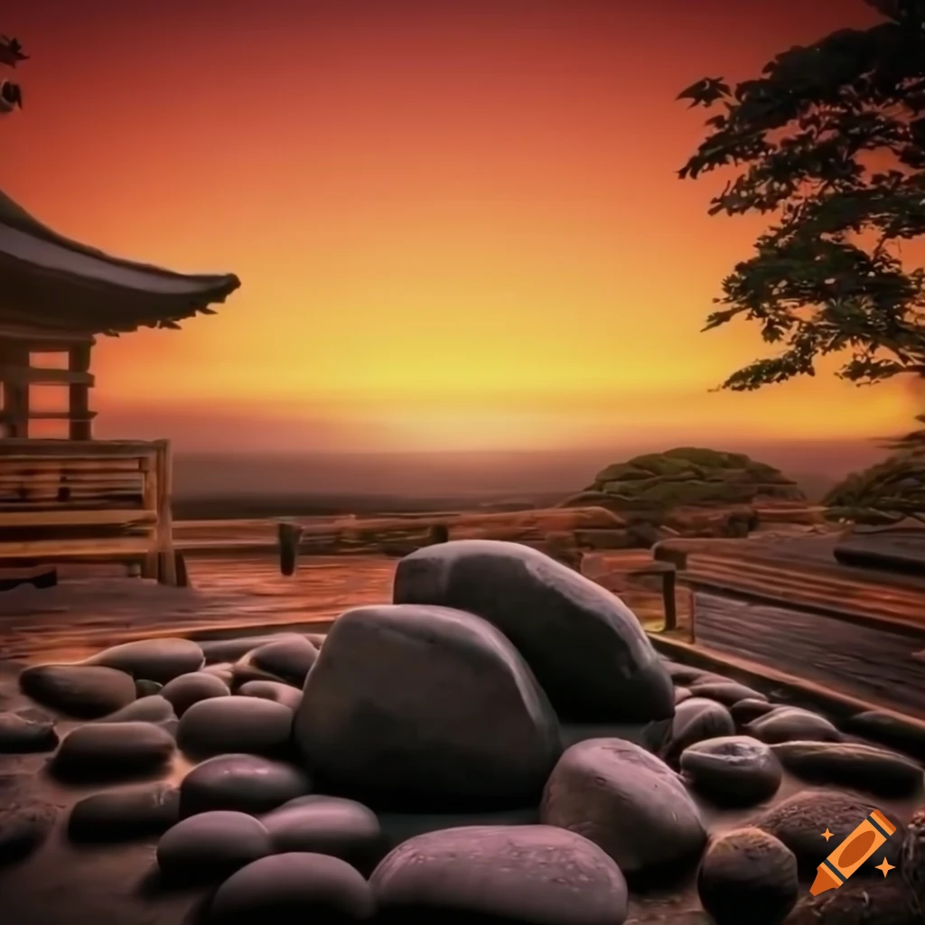 Japanese zen garden with rocks, flowers, and sunset in 8k hdr film grain photorealism on Craiyon