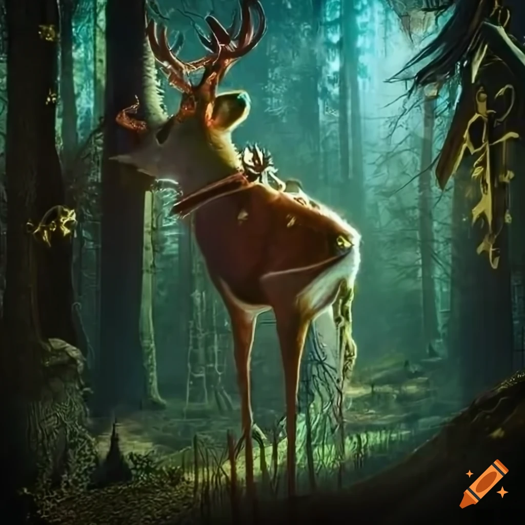 Steampunk Deer in an opulent forest with advanced technology on Craiyon