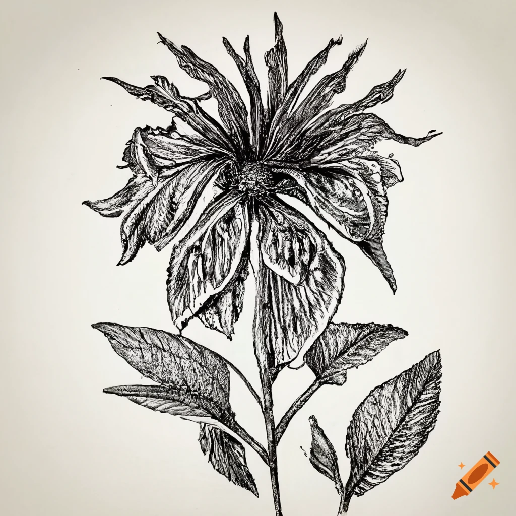 Botanical drawing of blooming bee balm in nib pen and ink style on Craiyon