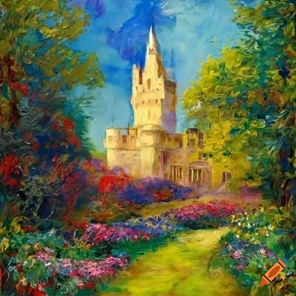 Impressionist painting of a flower garden in a castle with mature trees ...