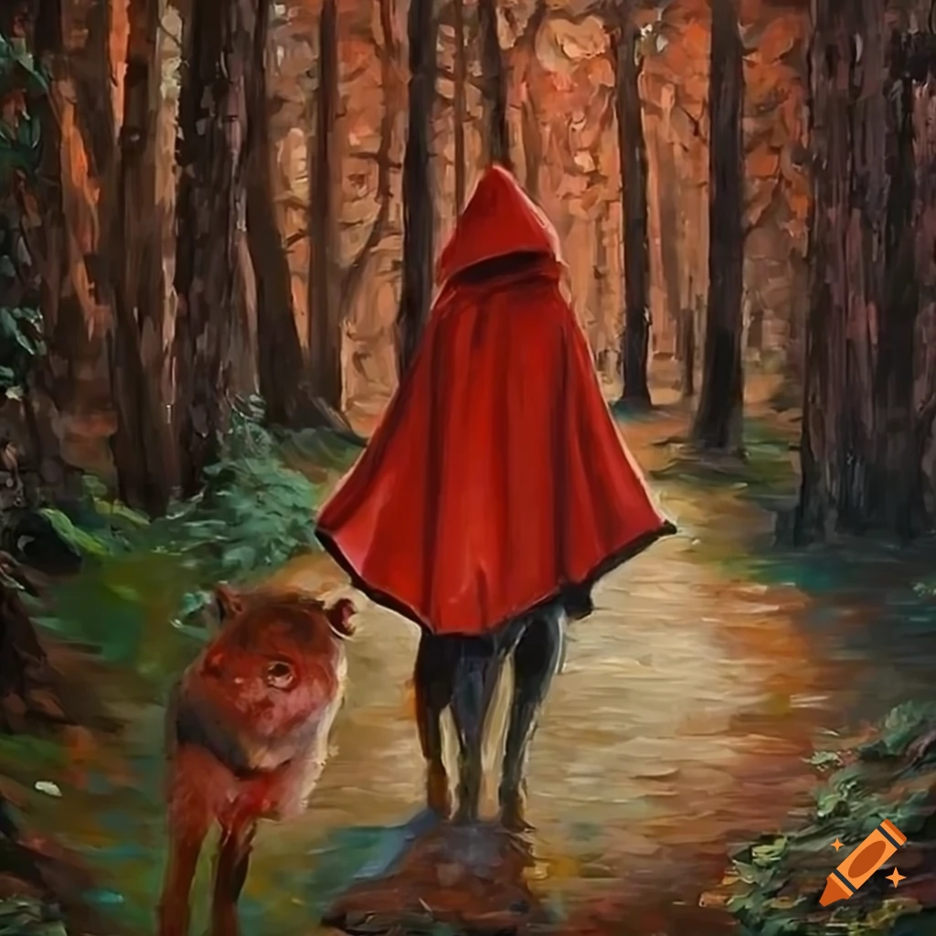 Little Red Riding Hood walking in the forest followed by a huge wolf in ...