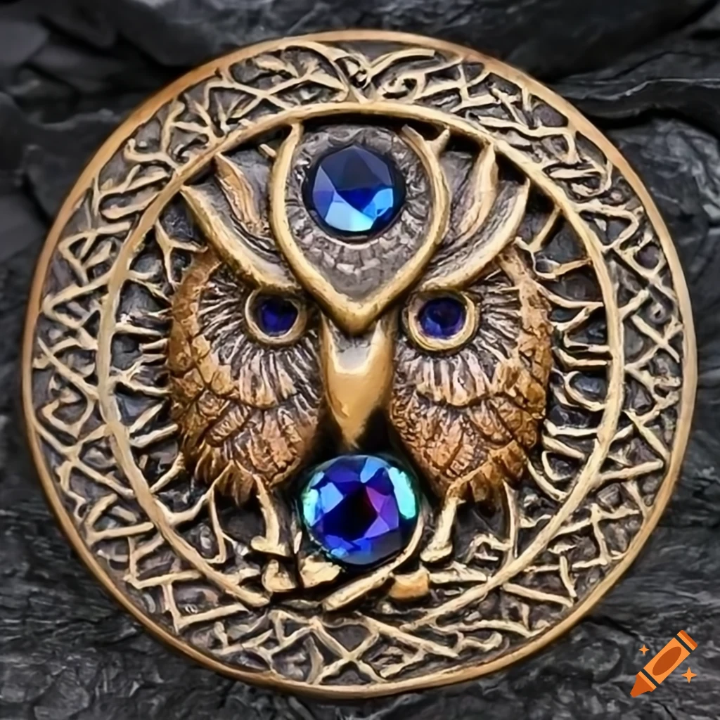 Arcane owl emblem carved in bronze with sapphire gemstone eyes on Craiyon