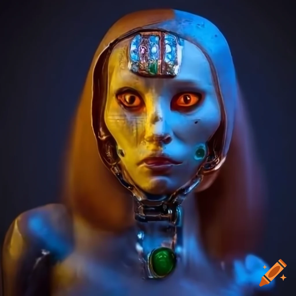 Humanoid female cat cyborg with orange eyes and ancient egyptian ...