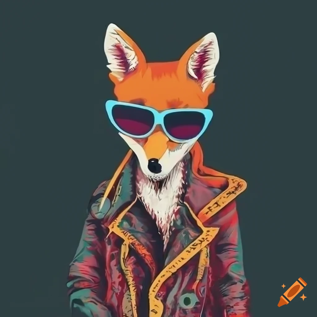 Punk fox in leather jacket and sunglasses smoking a cigarette on Craiyon