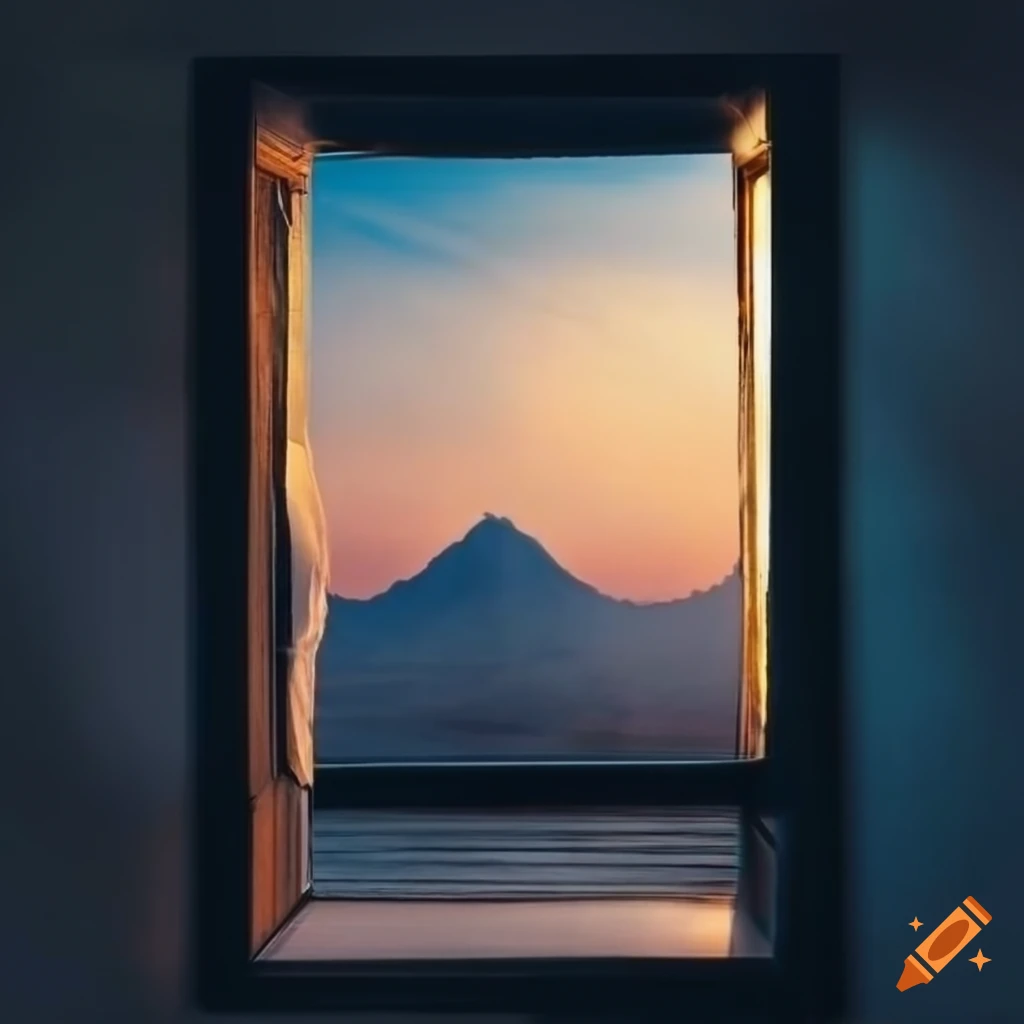 Small open window overlooking sunset, clouds, trees, and mountains in ...