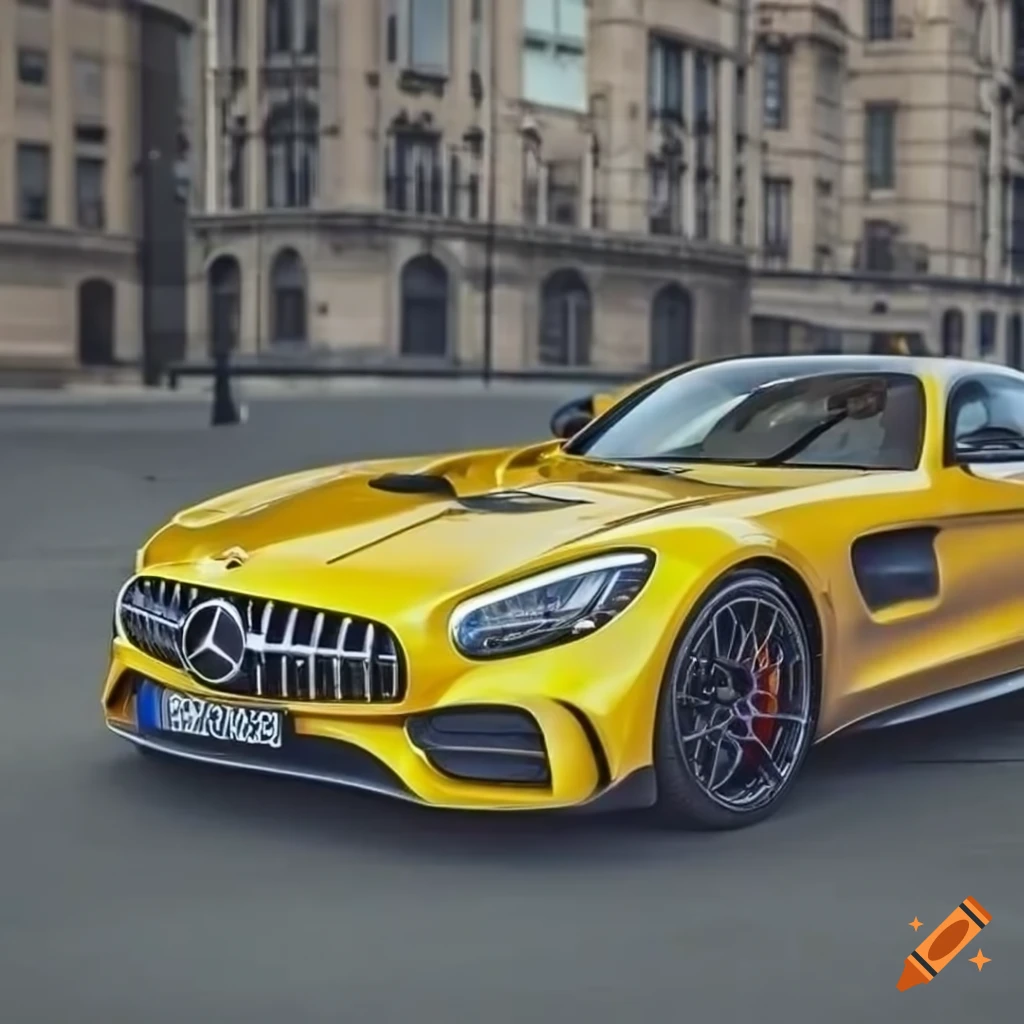 Yellow Mercedes Benz AMG GT R Renntech in the city on Craiyon