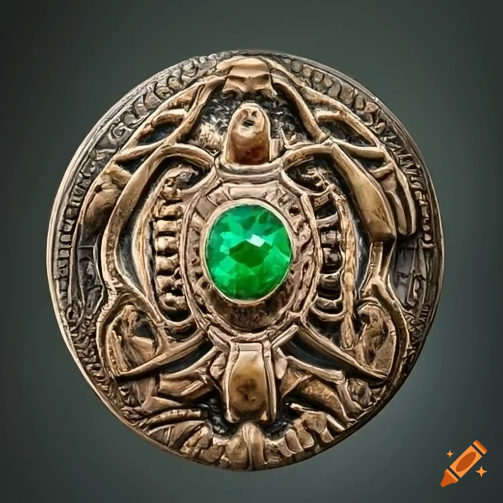 Bronze emblem with turtle motif and emerald gemstones on Craiyon