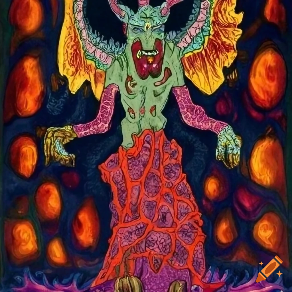 Ethereal demon made of stone with crimson cape and fire light ...