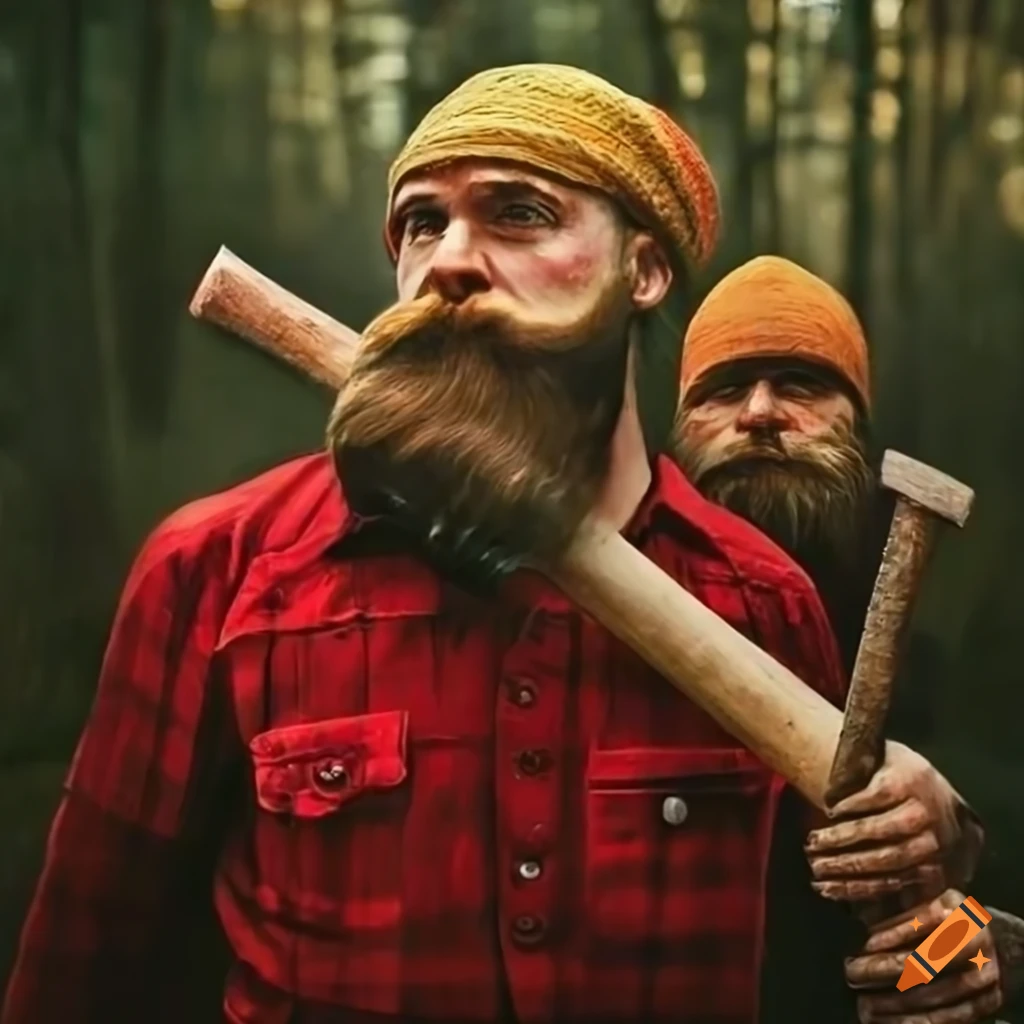 Old-fashioned lumberjacks in a forest with big axes on Craiyon
